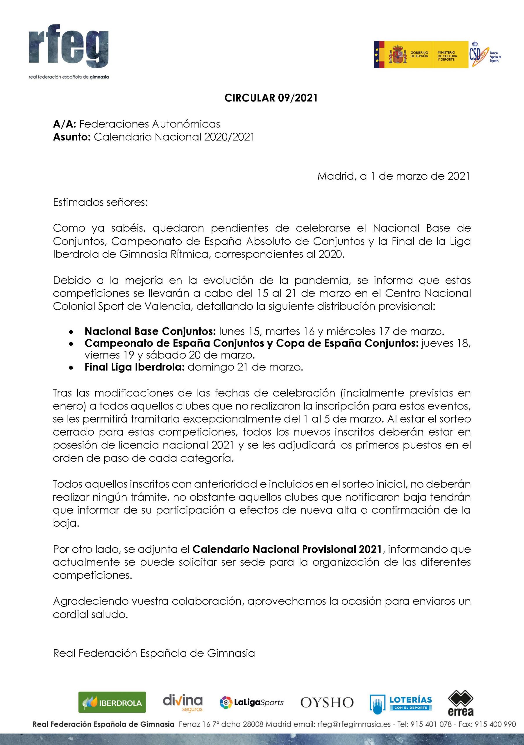 CALENDARIO RFEG 2020-2021 - FMG - Federación Madrileña de Gimnasia